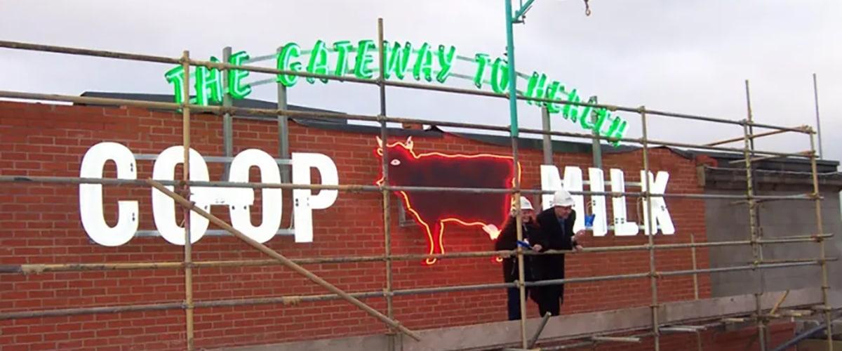 uksignboards.com | Derby City's symbolic 'Co-op Cow' sign to light up again